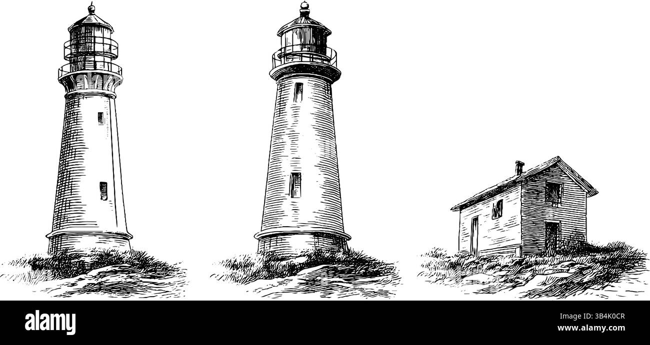 Vintage engraved illustration set featuring lighthouse keeper and ...