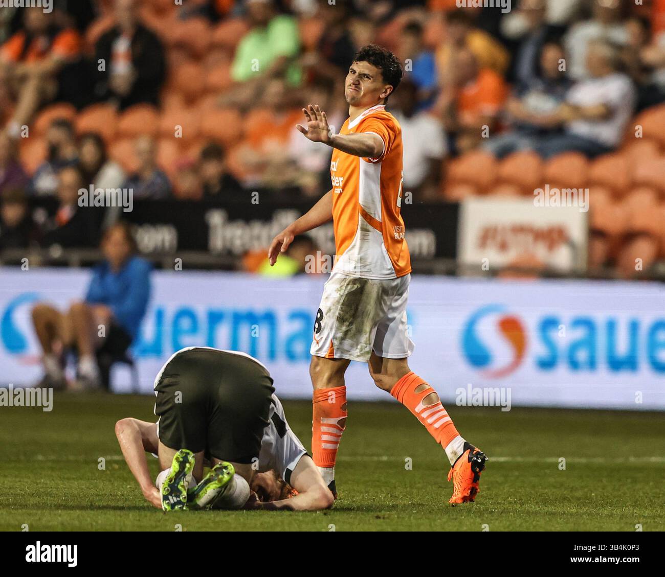 Blackpool, UK. 30th Apr, 2025. Albie Morgan of Blackpool reacts during ...