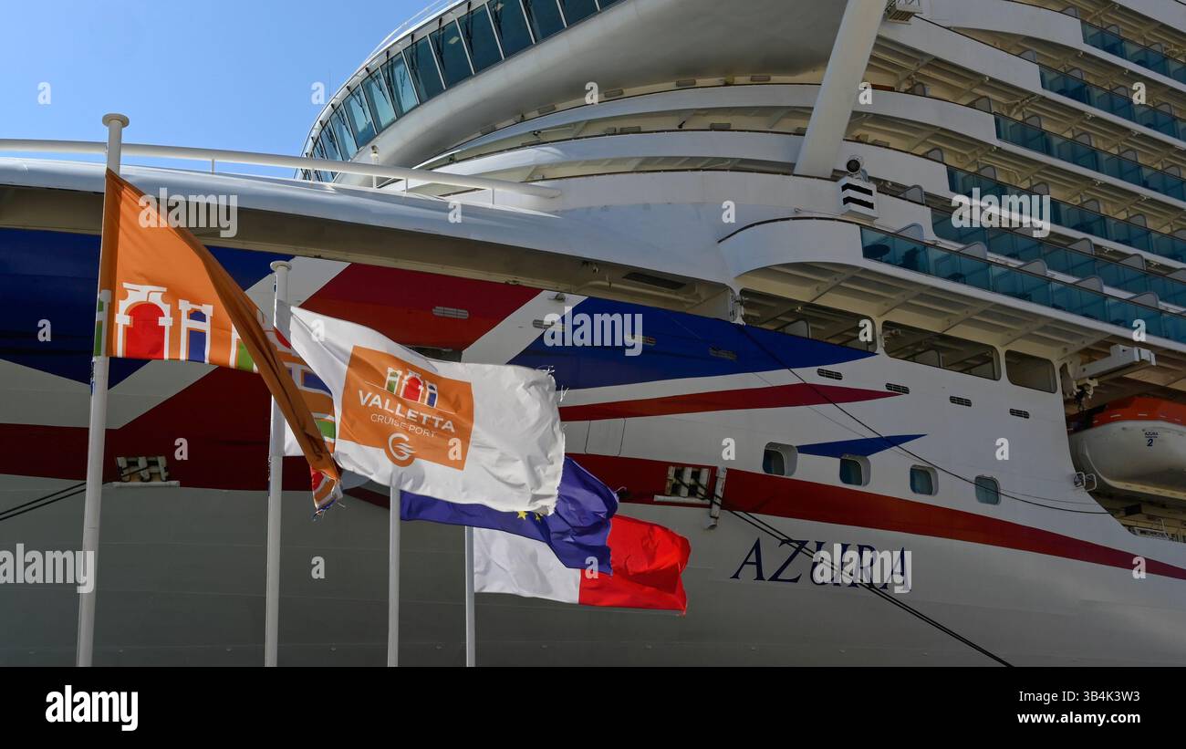 VALETTA, MALTA - APRIL 11, 2025: Bow of P O ship Azura tied up in the ...