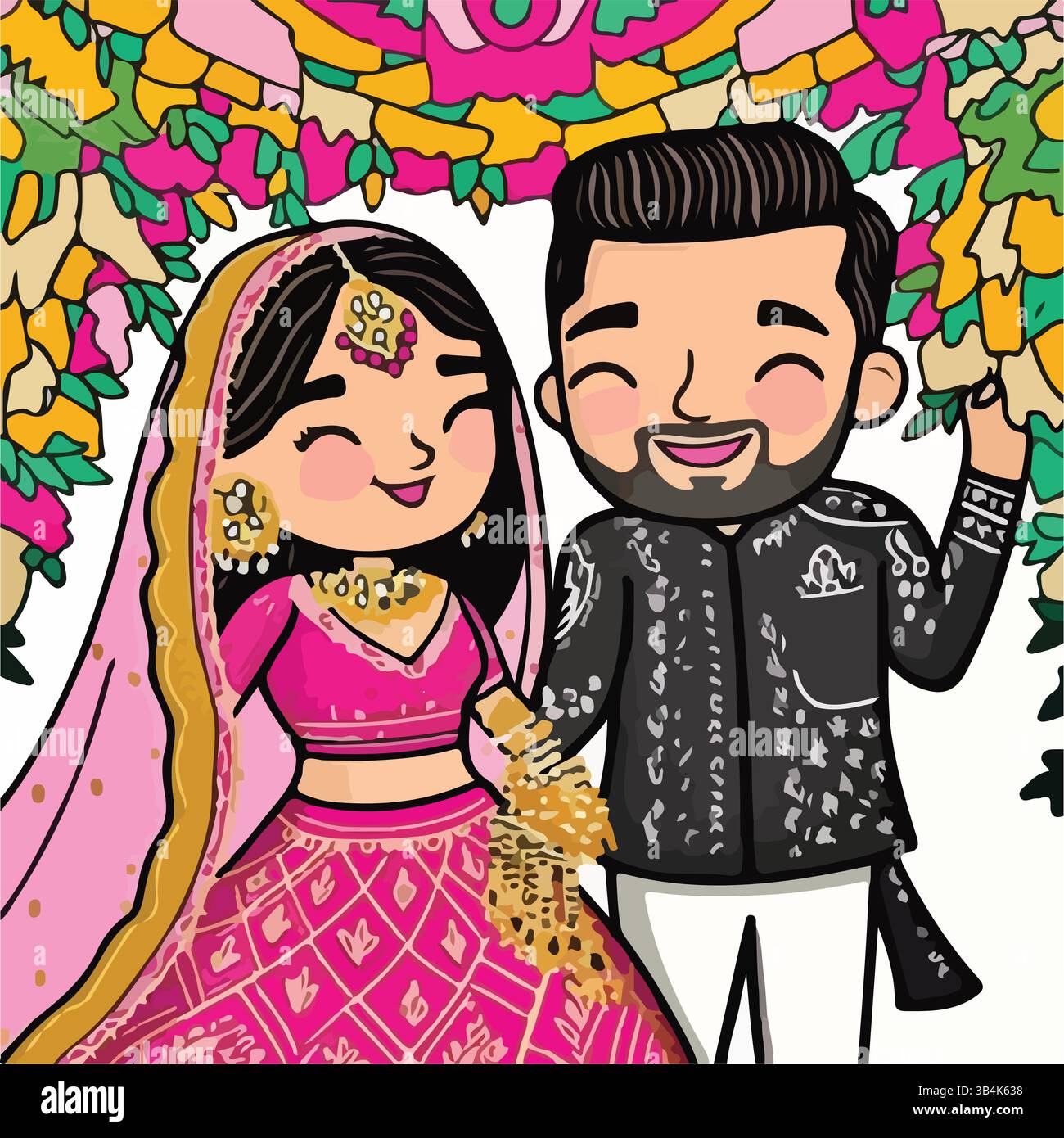 Vector cute indian couple cartoon in traditional dress posing for ...