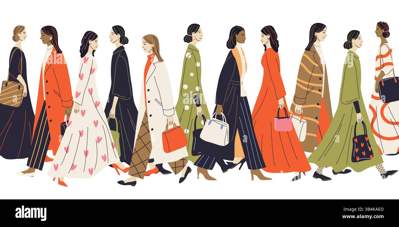 Hand drawn illustration of walking women. Vector Stock Vector Image ...
