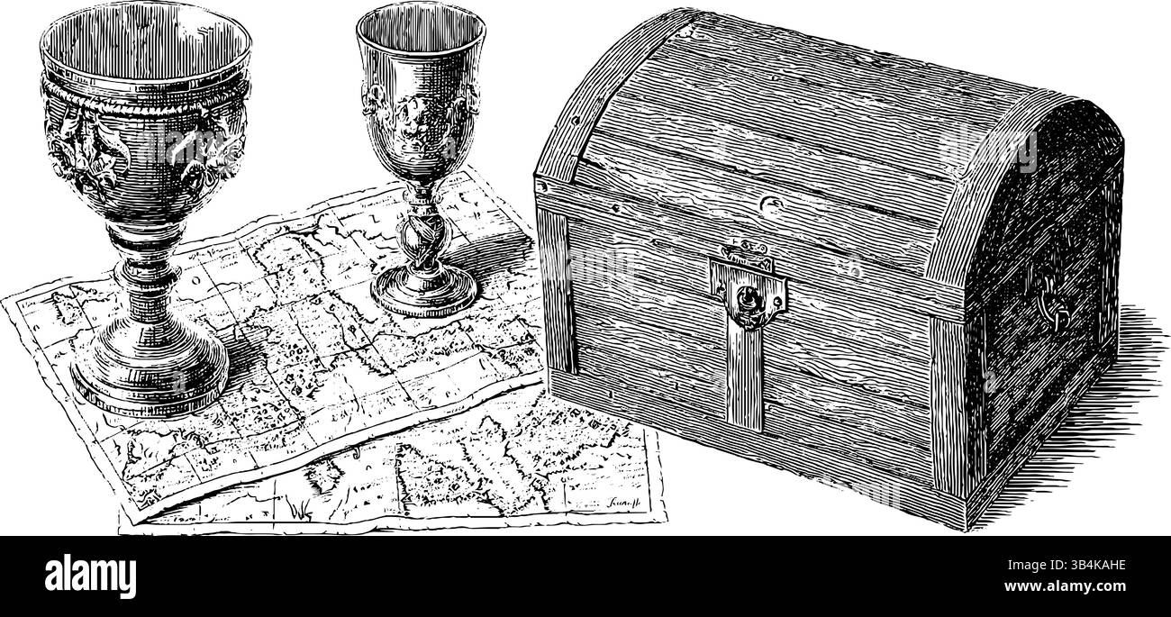 Vintage treasure map with goblets and chest for pirate adventure design ...