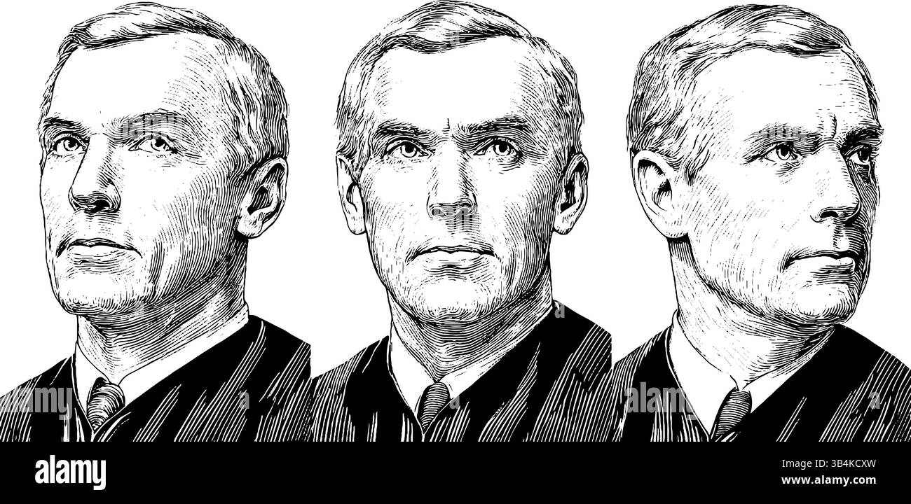 Engraved illustration of judge portraits with black bold lines for ...