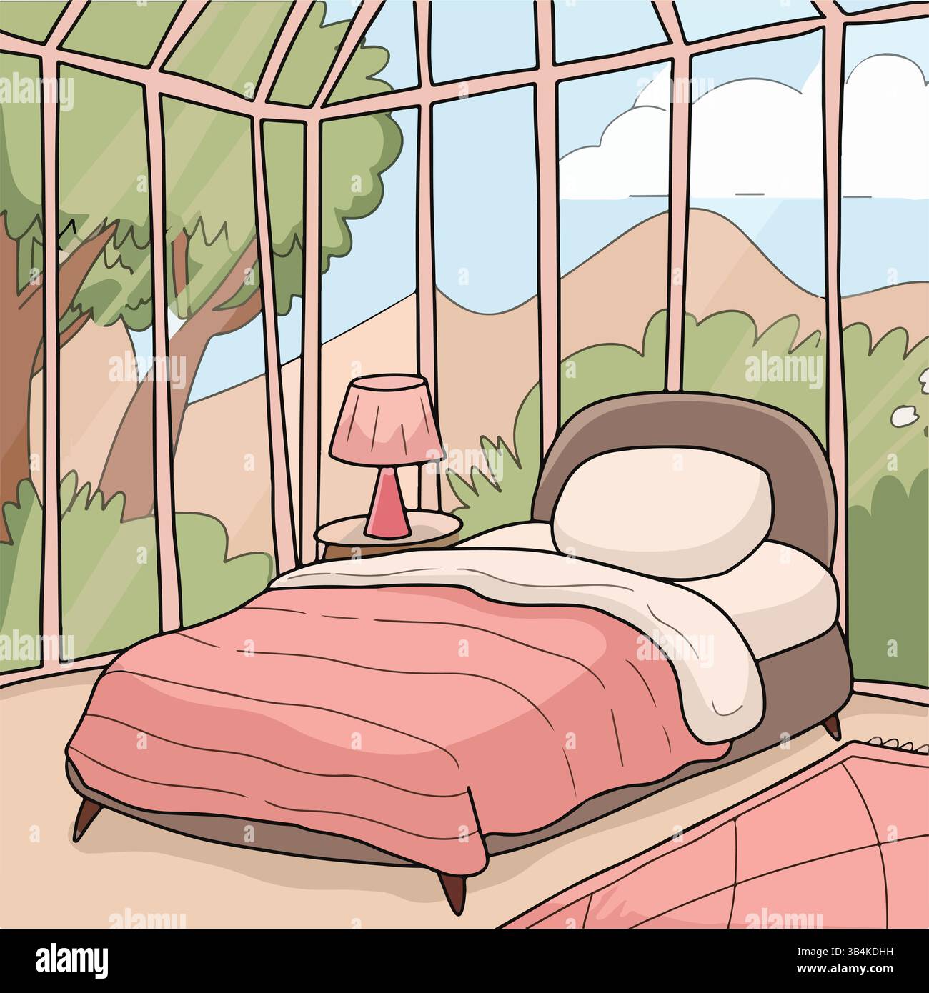 Glass house in woodland, forest cartoon landscape Vector. Glass wall ...