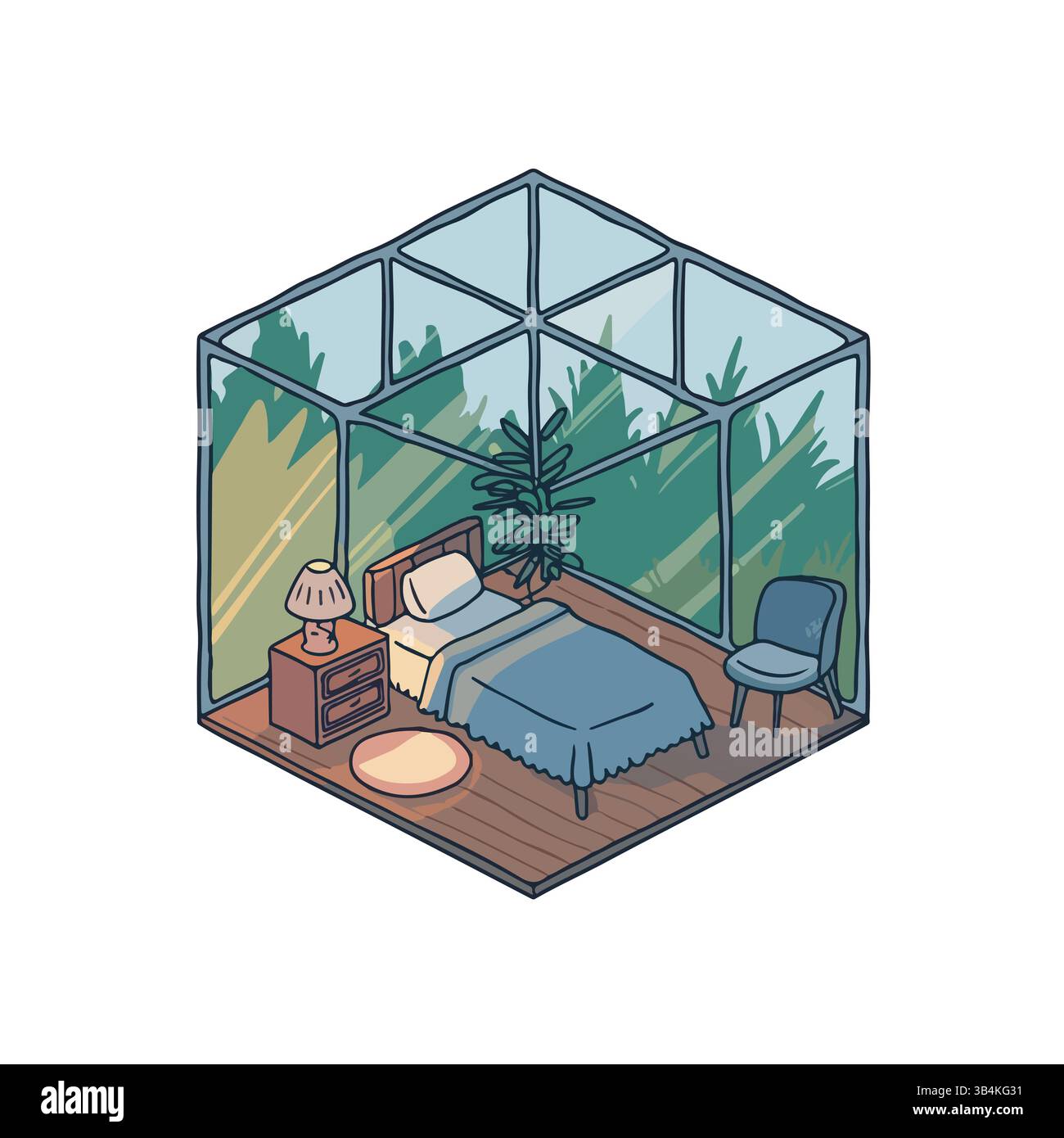 Glass house in woodland, forest cartoon landscape Vector. Glass wall ...