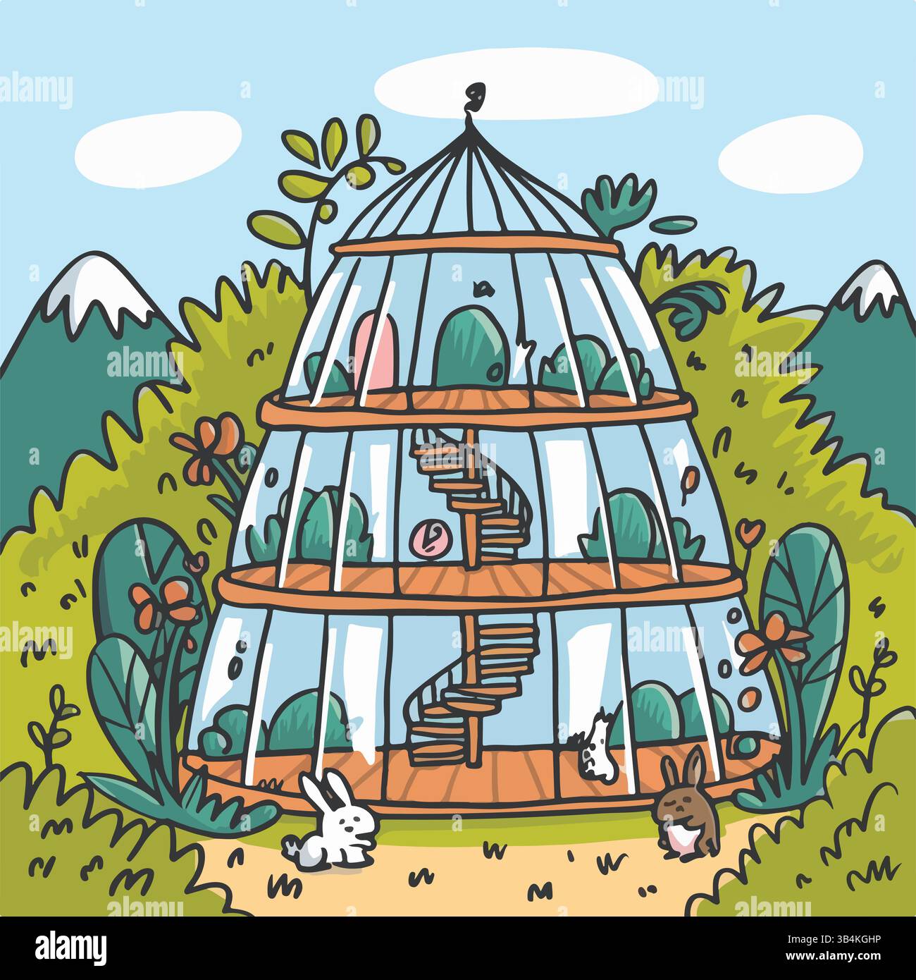 Glass house in woodland, forest cartoon landscape Vector. Glass wall ...