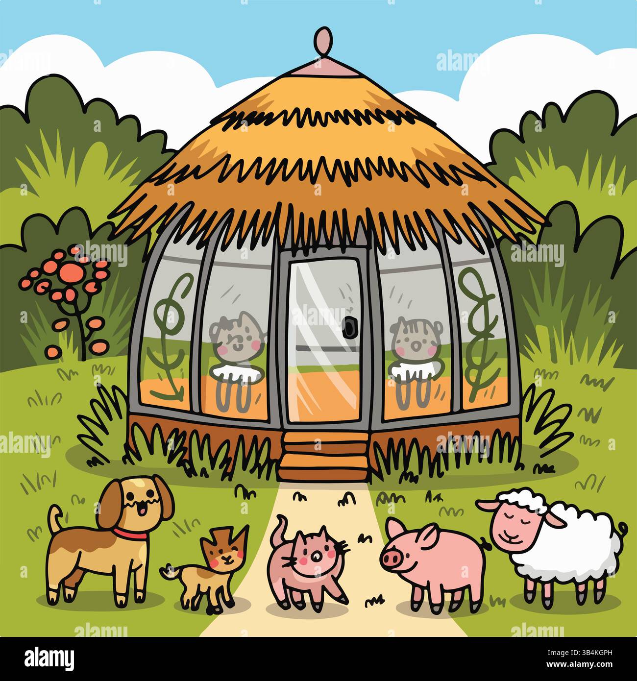 Glass house in woodland, forest cartoon landscape Vector. Glass wall ...