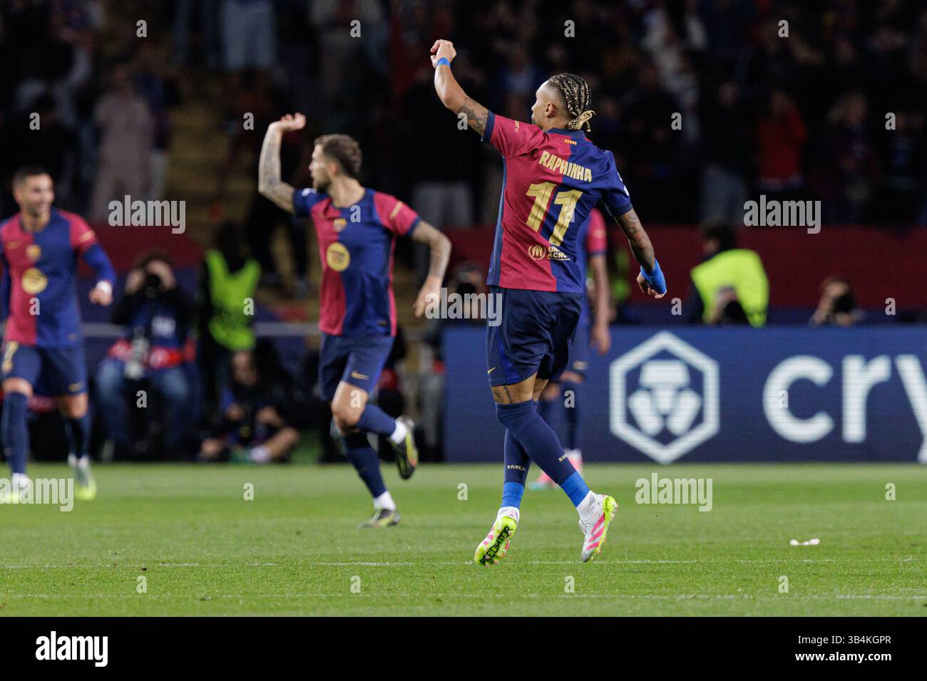Raphinha seen celebrating after scoring goal during UEFA Champions ...