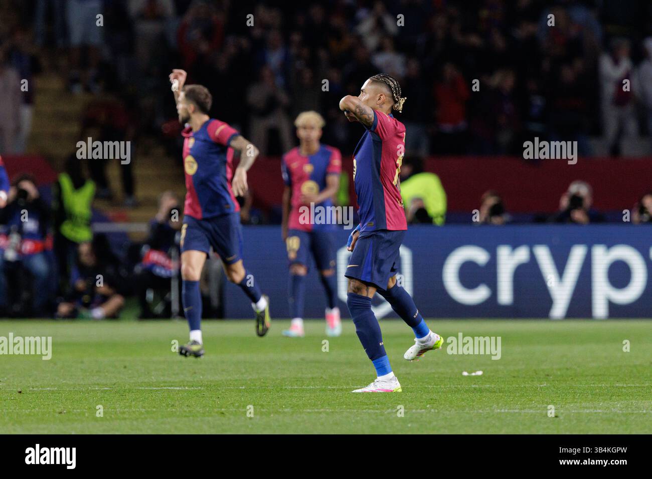 Raphinha seen celebrating after scoring goal during UEFA Champions ...