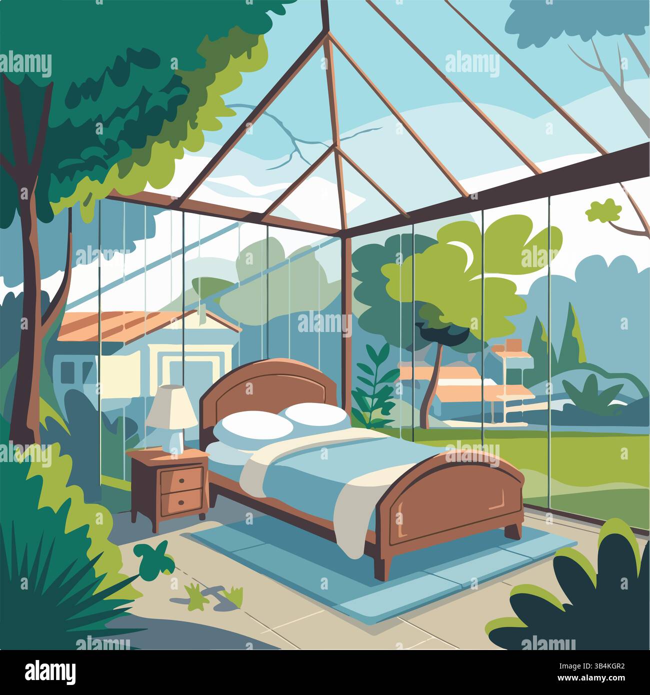 Glass house in woodland, forest cartoon landscape Vector. Glass wall ...