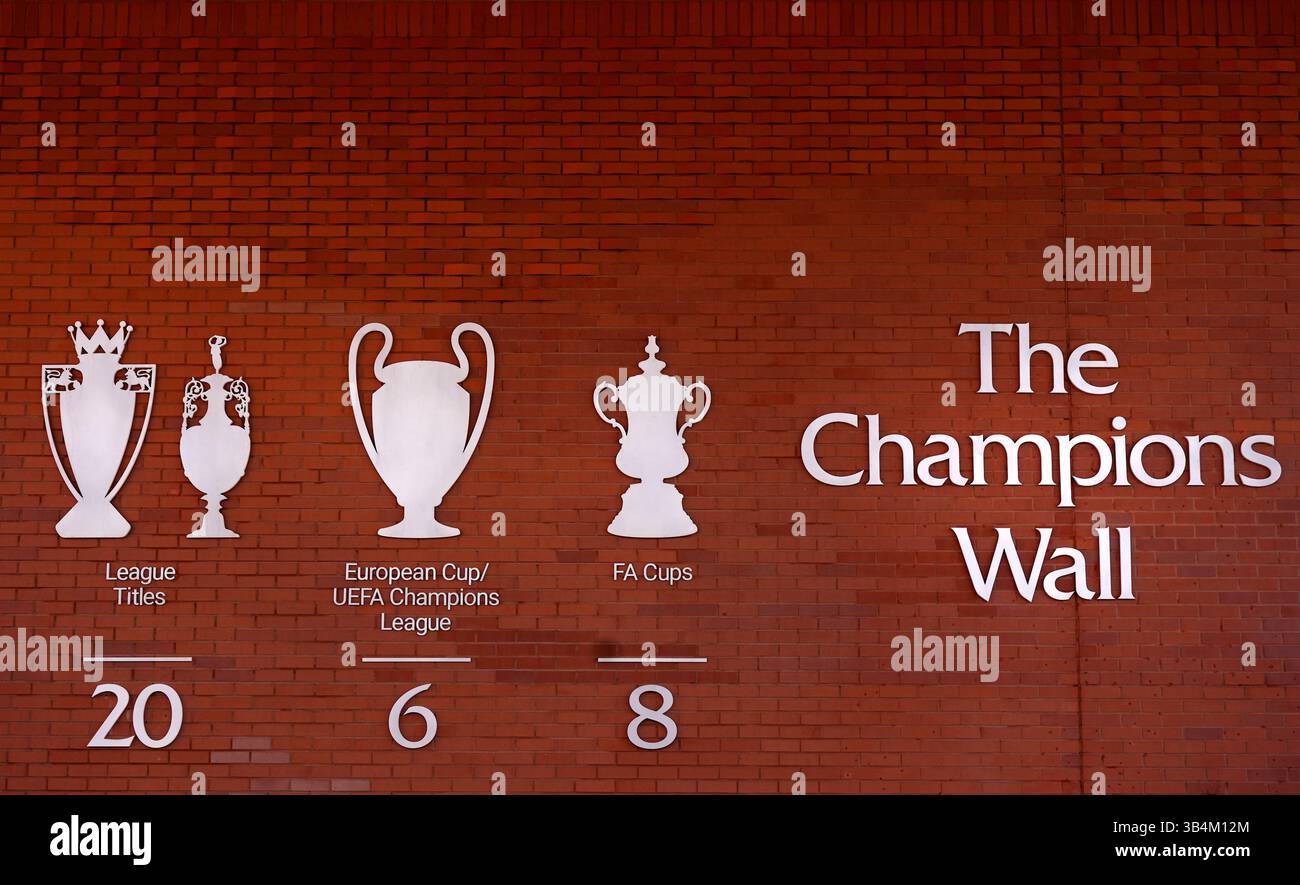 A general view of Liverpool's trophy wins outside Anfield in Liverpool ...