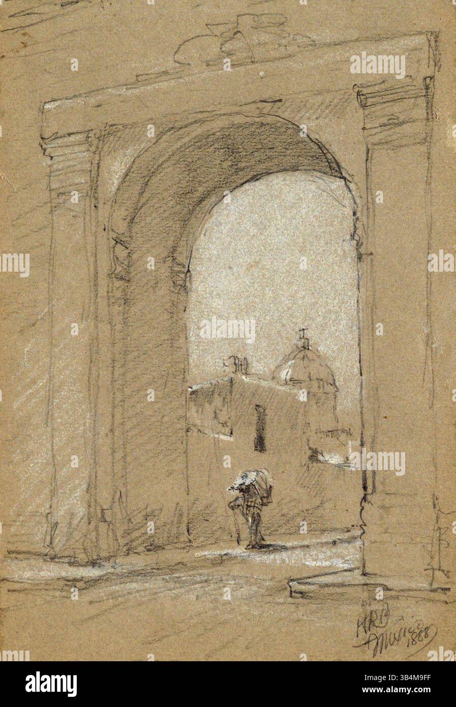 Old drawing of a man walking through a town gate in Mexico by American ...