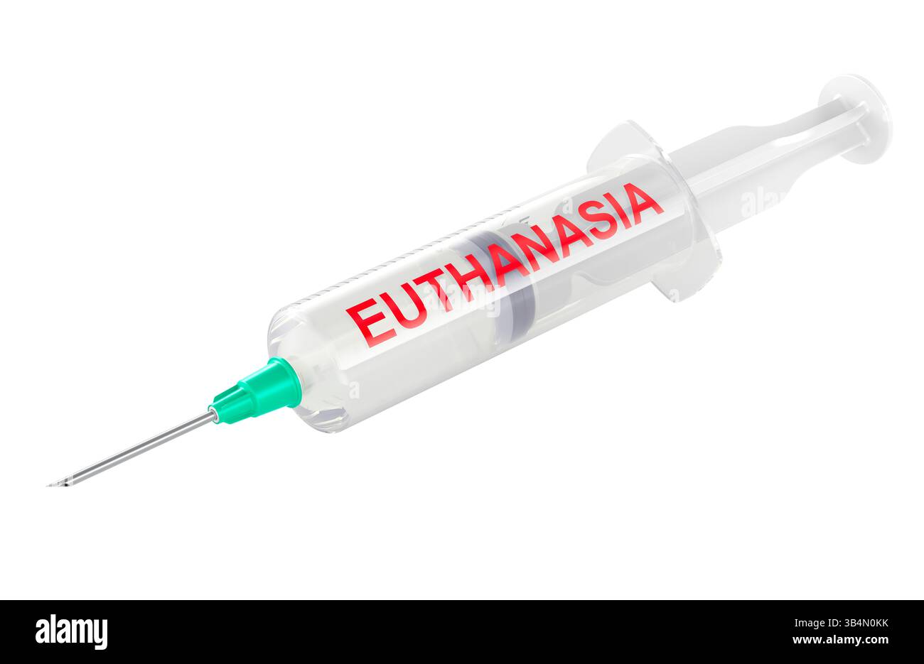 Euthanasia, concept. Syringe with euthanasia inscription, 3D rendering ...