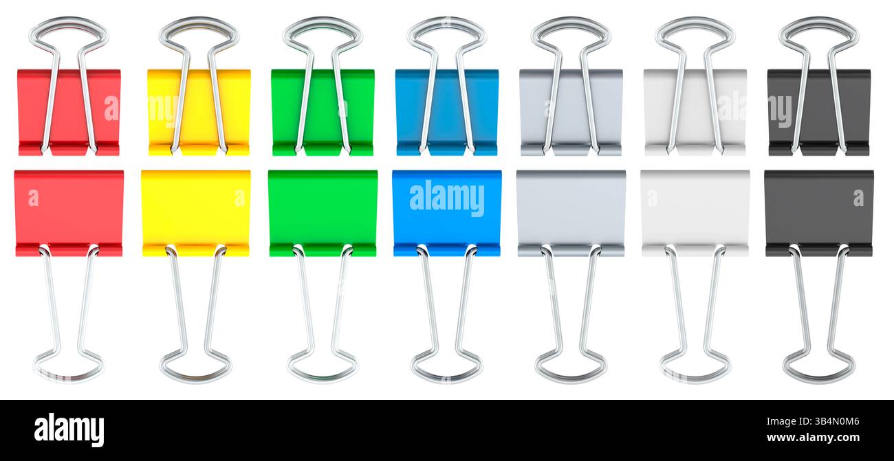 Binder Paper Clips, set of colored binder clips. 3D rendering isolated ...