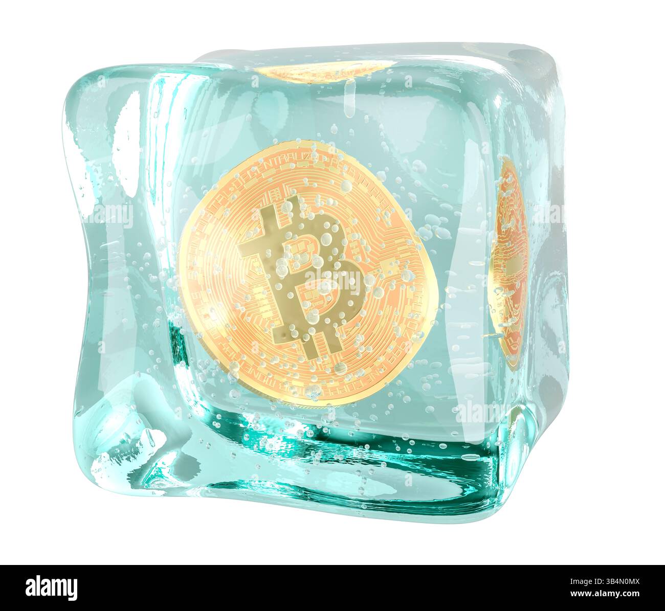 Frozen bitcoin, concept. Bitcoin symbol in ice cube, 3D rendering ...
