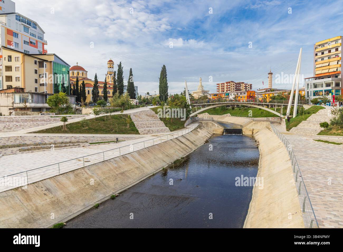 Fier, Albania. October 17, 2024. Modern pedestrian suspension bridge ...