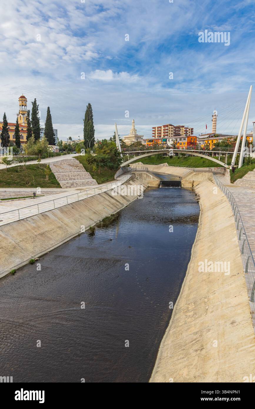 Fier, Albania. October 17, 2024. Modern pedestrian suspension bridge ...