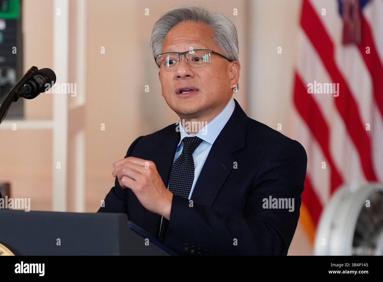 Nvidia CEO Jensen Huang speaks during an event with President Donald ...