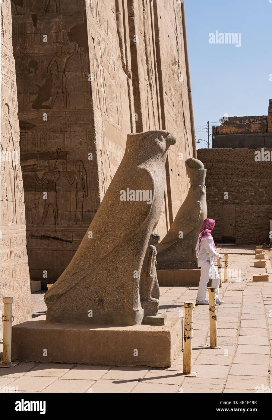 Detail of the carved statues of Horus outside the Pylon at the entrance ...