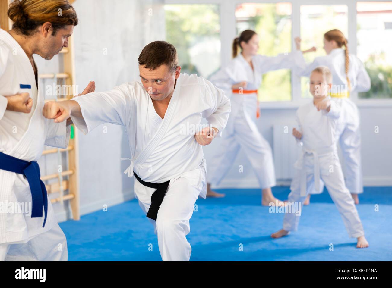 Man in kimono and colored belt practicing karate punch block whith ...