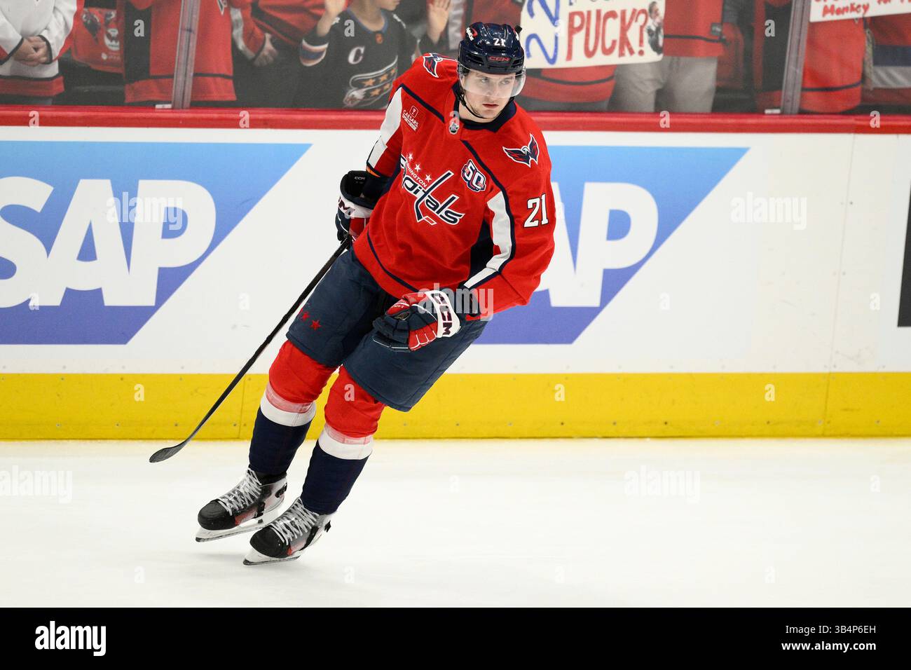 Washington Capitals center Aliaksei Protas (21) warms up before Game 5 ...