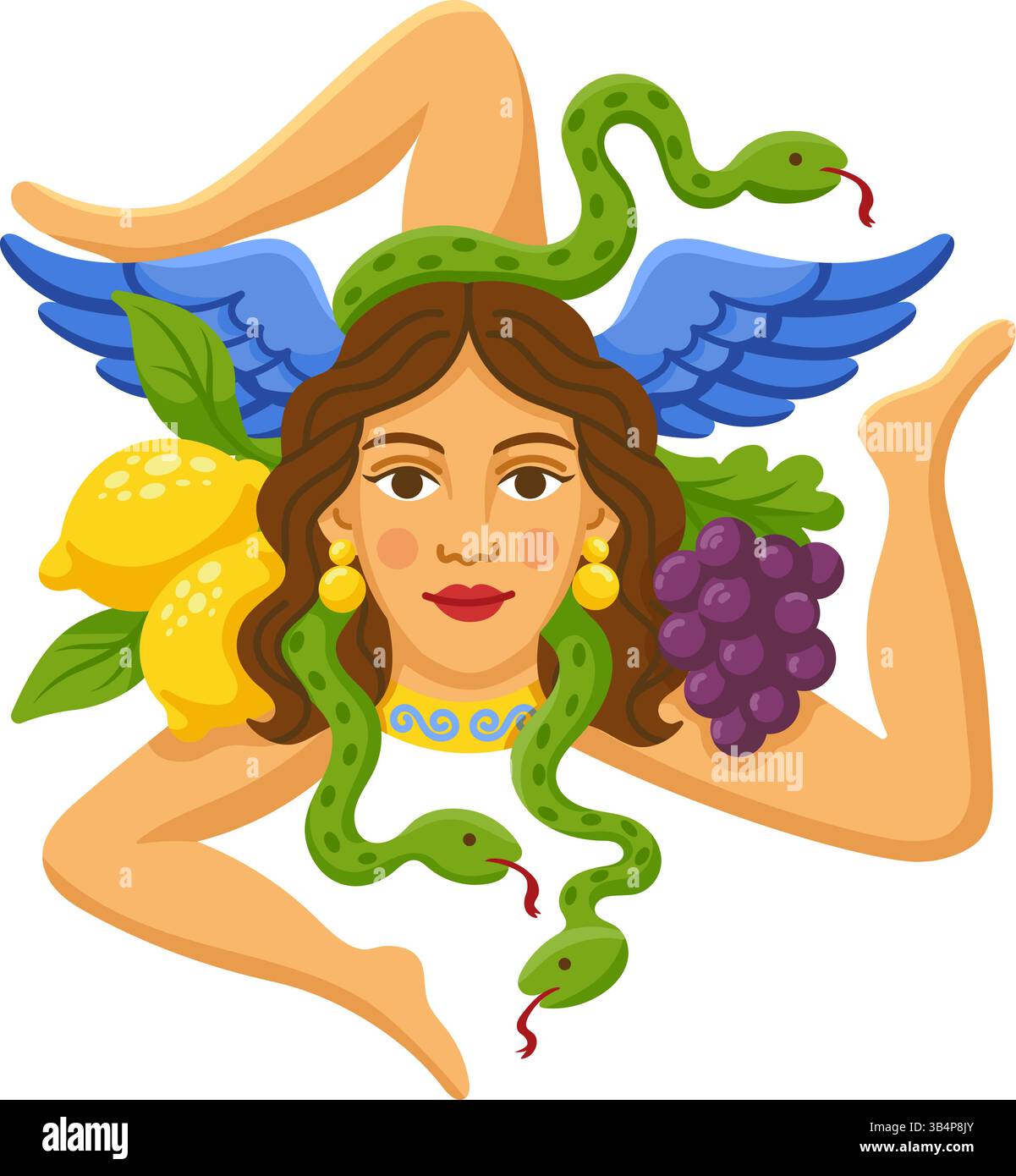 Sicilian Trinacria symbol with three legs, woman's head, lemons, grapes ...