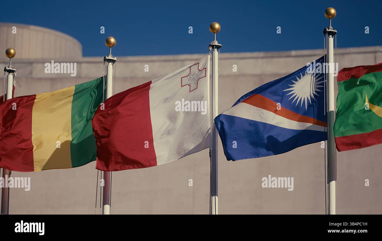 Flags of different countries waving at the United Nations headquarters ...