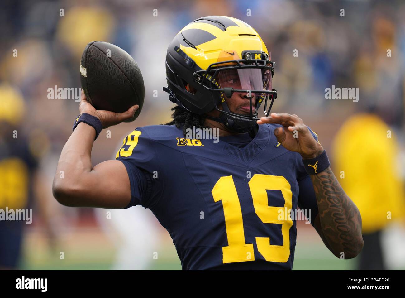 Michigan quarterback Bryce Underwood throws during an NCAA college football spring game in Ann ...