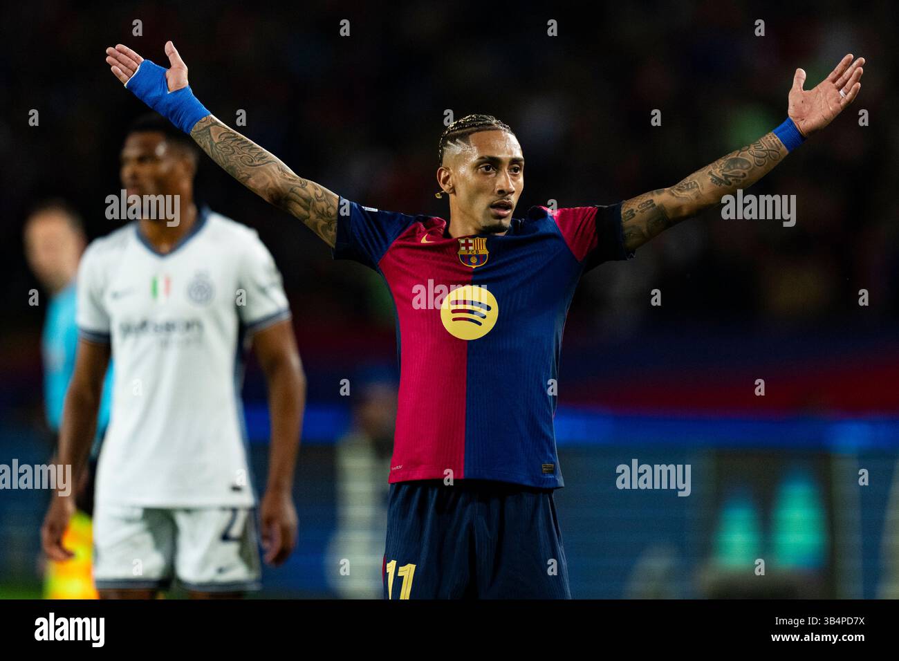 Barcelona, Spain. 30th Apr, 2025. Raphina (FC Barcelona) reacst during ...