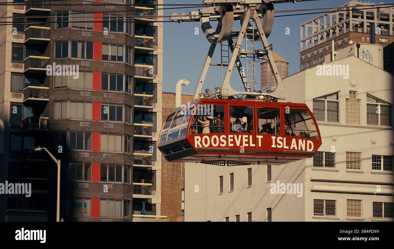 NEW YORK, USA - FEBRUARY 14, 2025 - Roosevelt Island Tramway cabin ...