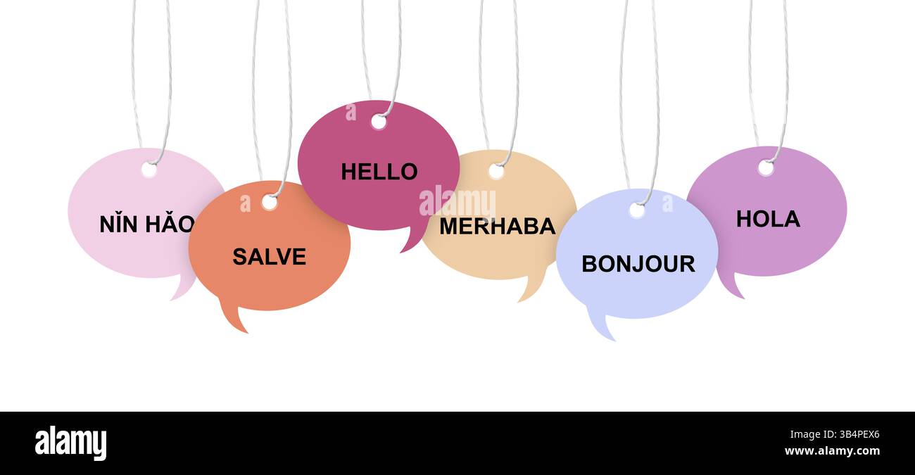 Paper speech bubbles with greetings in different languages hanging on ...