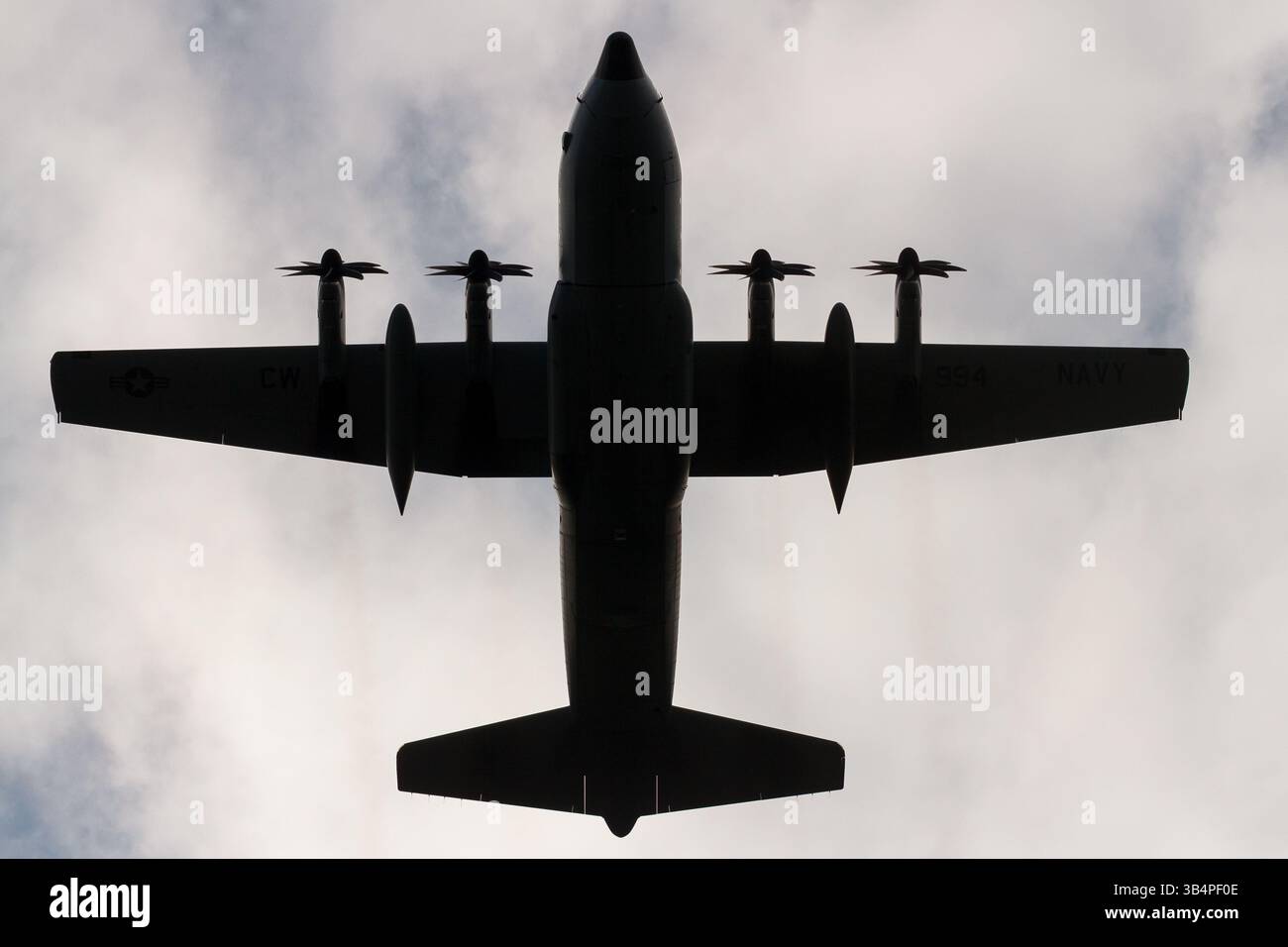 The underside of a Lockheed C130T Hercules transport aircraft with the ...