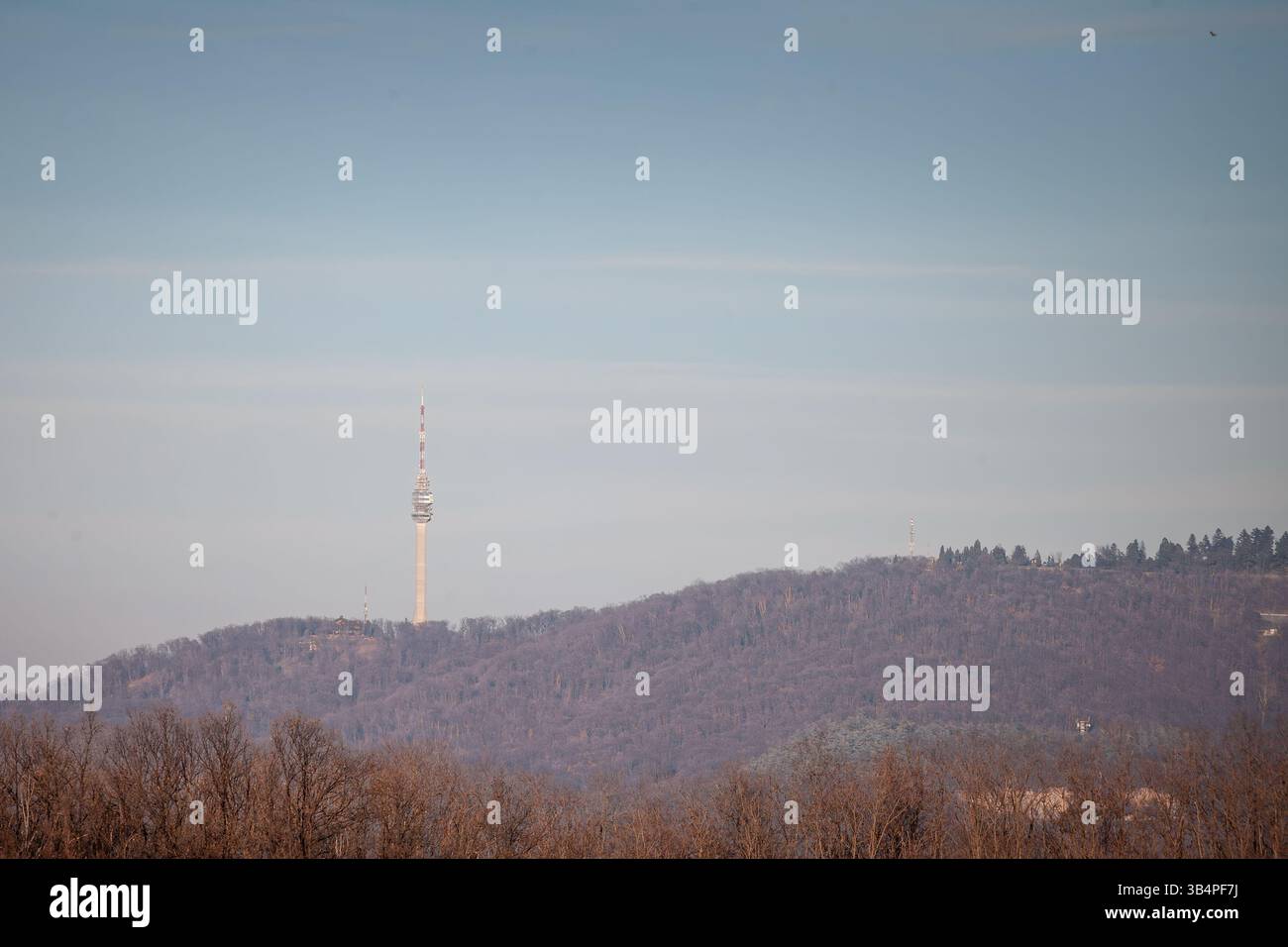 Panorama of the avala hill skyline with a focus on Avala tower, or ...