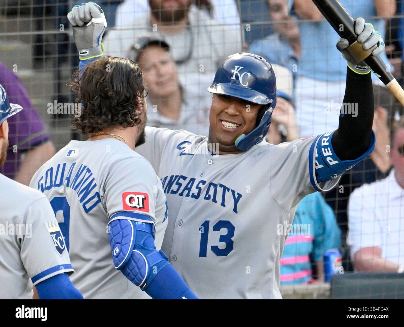 Kansas City Royals' Vinnie Pasquantino and catcher Salvador Perez (13 ...