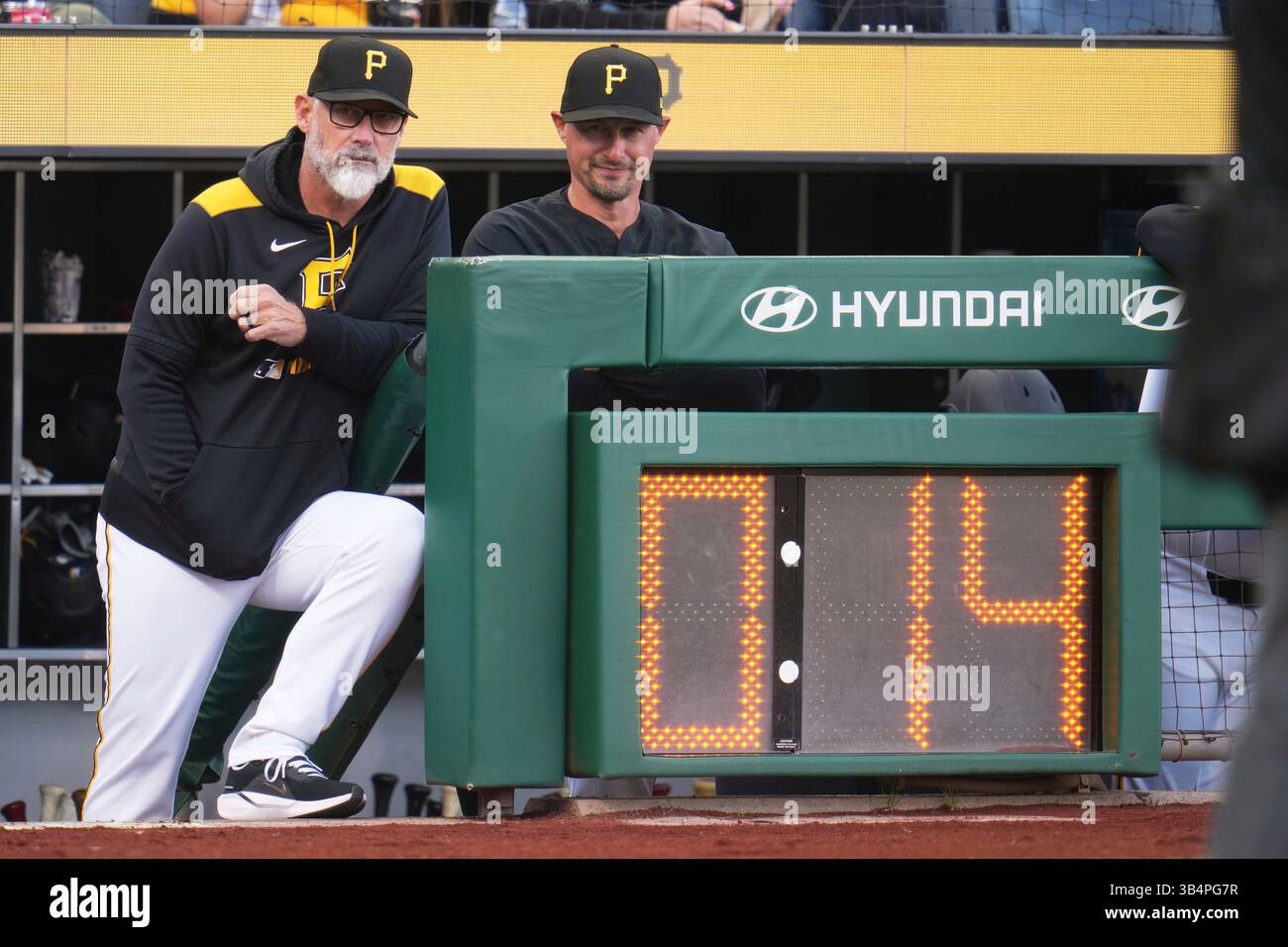 Pittsburgh Pirates manager Derek Shelton, left, and bench coach Don ...