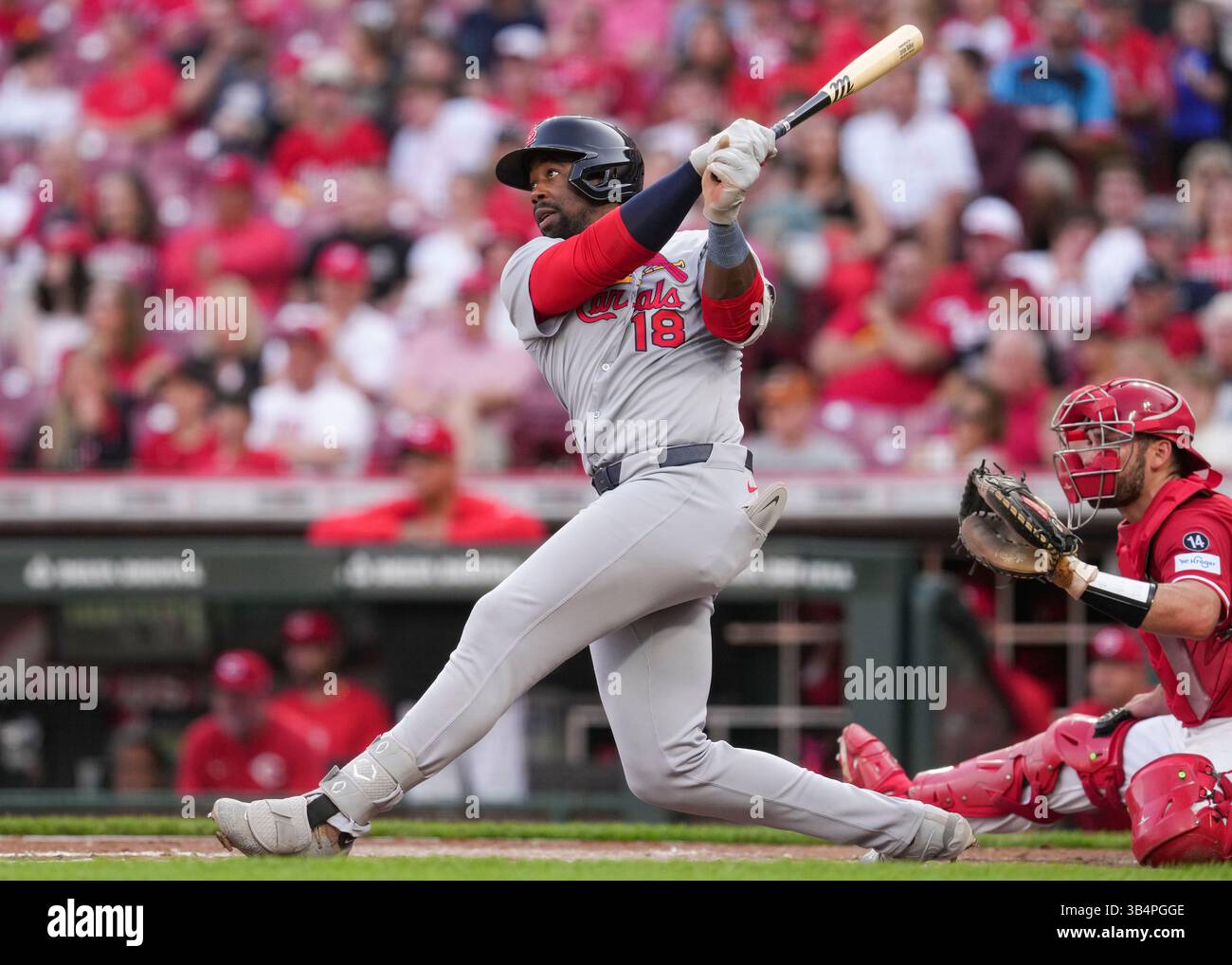 St. Louis Cardinals' Jordan Walker (18) watches his two-run double ...