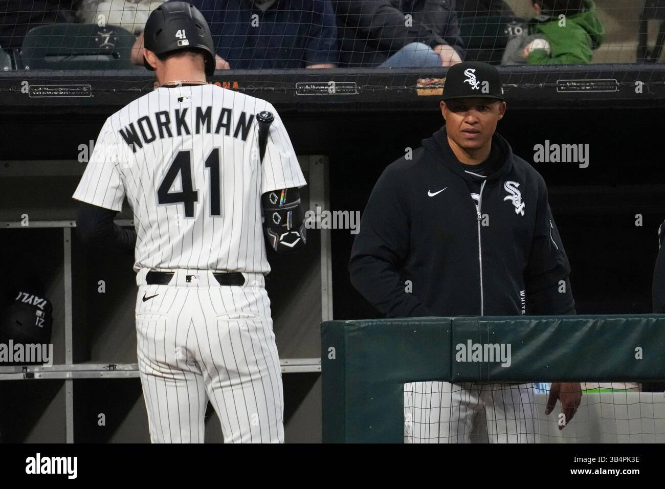 Chicago White Sox manager Will Venable, right, looks at Gage Workman ...
