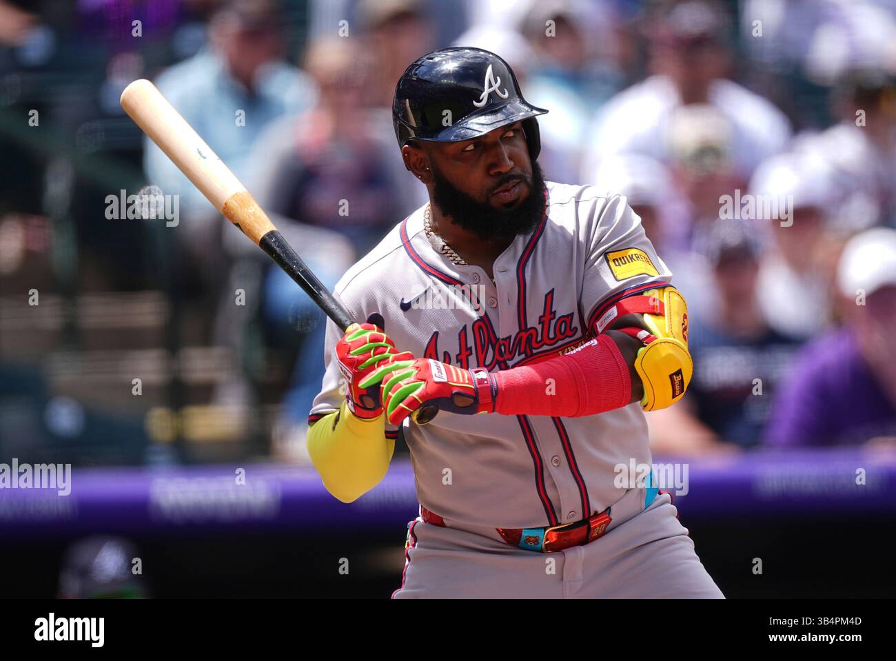 Atlanta Braves designated hitter Marcell Ozuna (20) in the first inning ...
