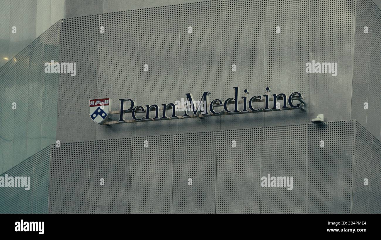 PHILADELPHIA, USA - FEBRUARY 16, 2025 - Penn Medicine logo shining on ...