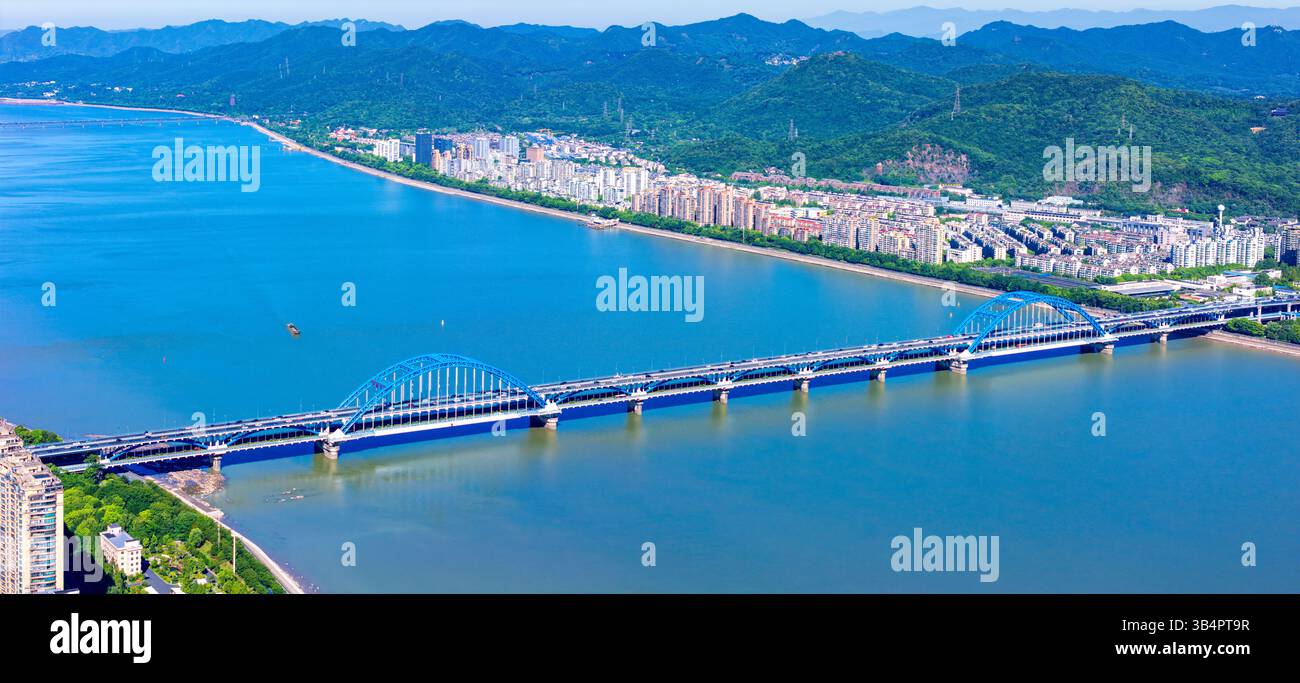 Aerial view of Fuxing Bridge in Hangzhou, Zhejiang Province, China ...