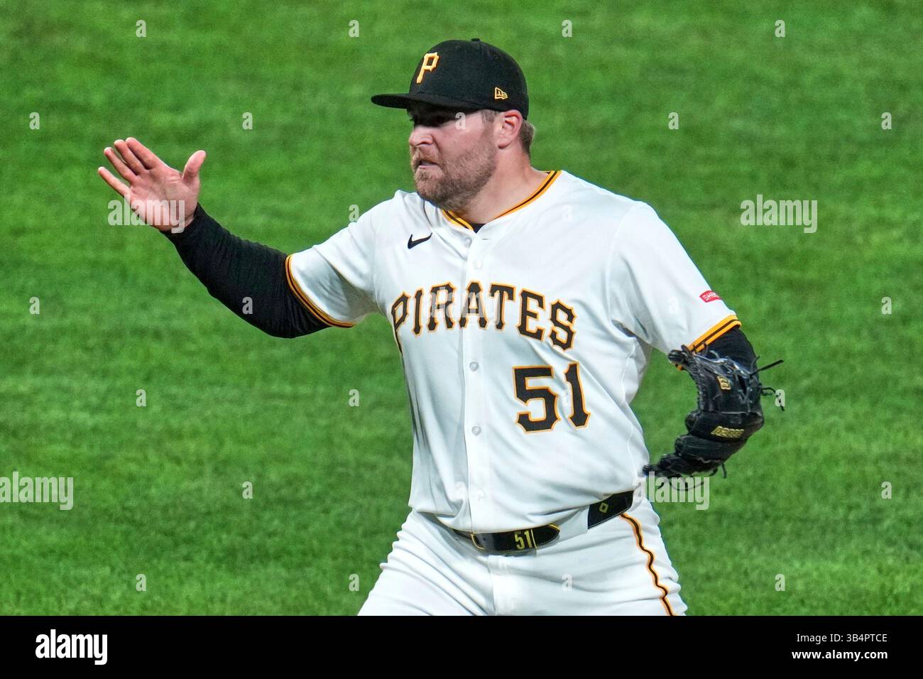 Pittsburgh Pirates pitcher David Bednar (51) celebrates after getting ...