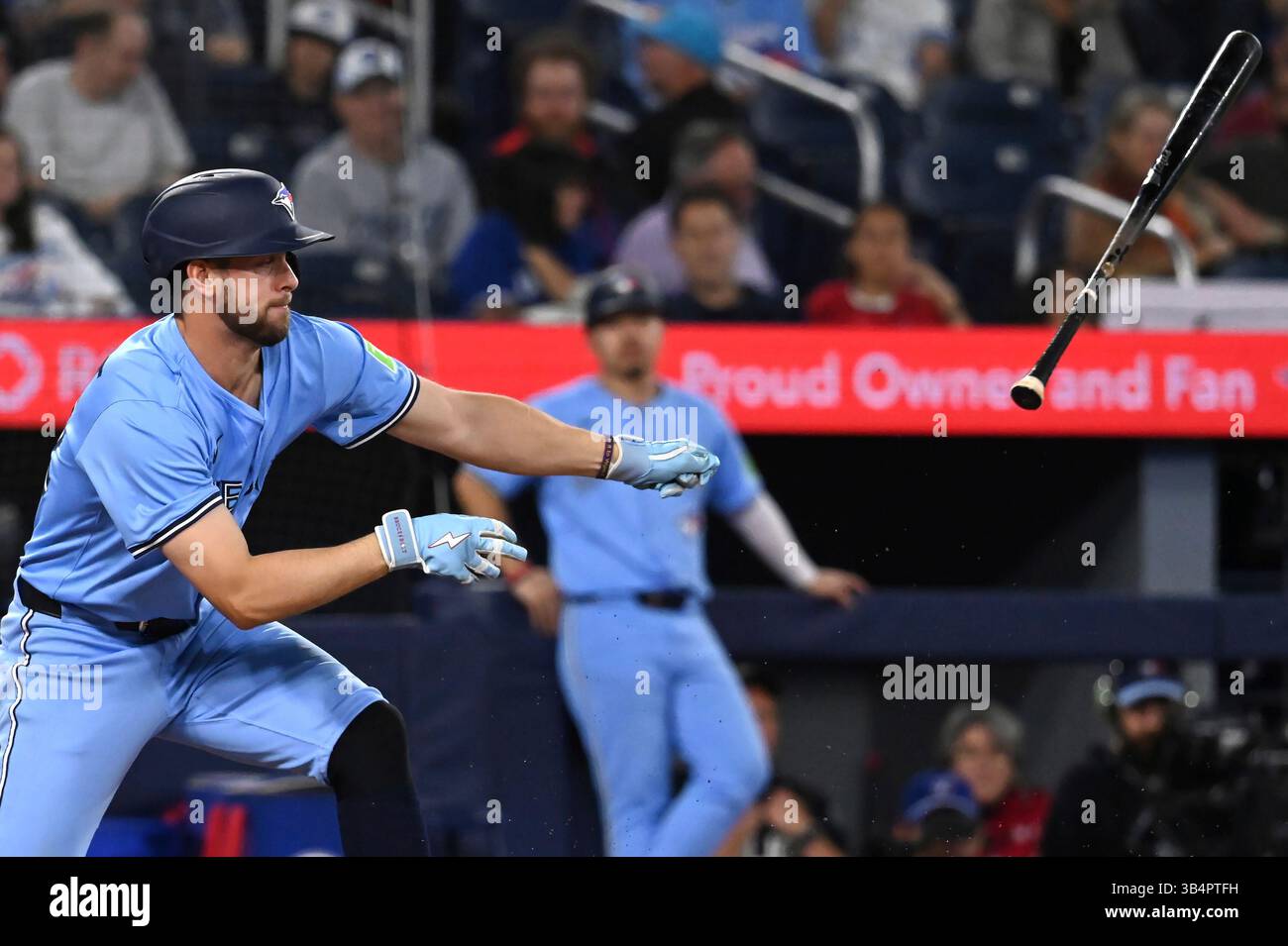 Toronto Blue Jays' Ernie Clement (22) loses the grip on his bat as he ...