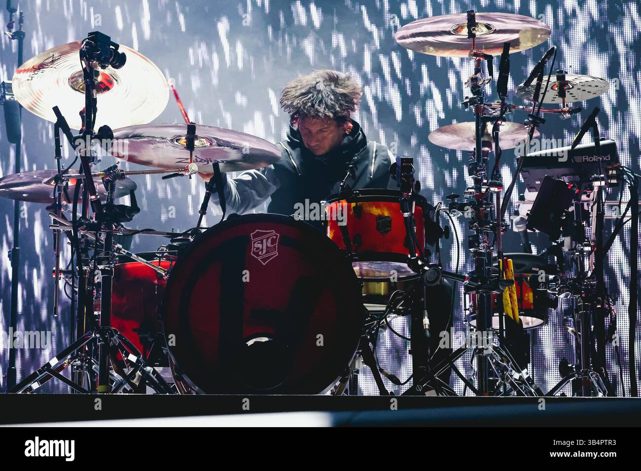 Milan, Italy. 28th Apr, 2025. Josh Dun of Twenty One Pilots performs ...