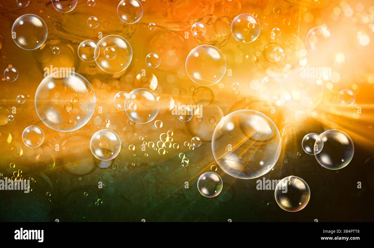 Processed collage of golden yellow oil bubbles texture. Background for ...