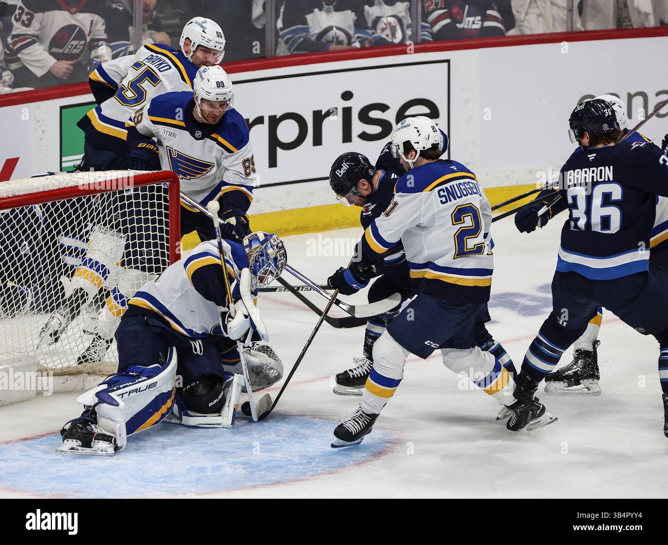 St. Louis Blues goaltender Jordan Binnington (50) saves the shot from ...