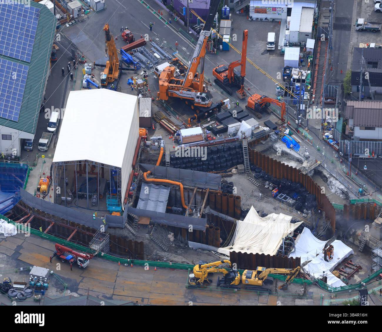 An aerial photo shows the collapse of an intersection where ...