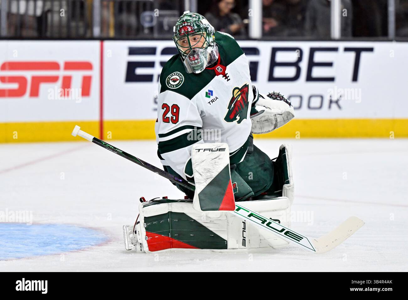 Minnesota Wild goaltender Marc-Andre Fleury (29) warms up before Game 5 ...