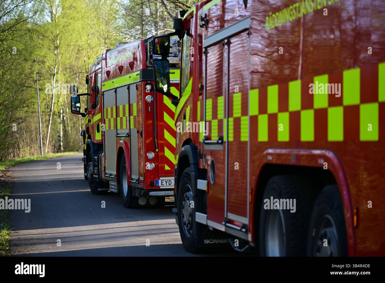 Skånes-Fagerhult, Skåne, Sweden. April 9 2025. Fire engine on stand-by ...