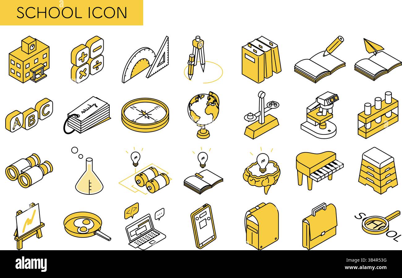 Simple line drawing icon set of school and study, isometric ...