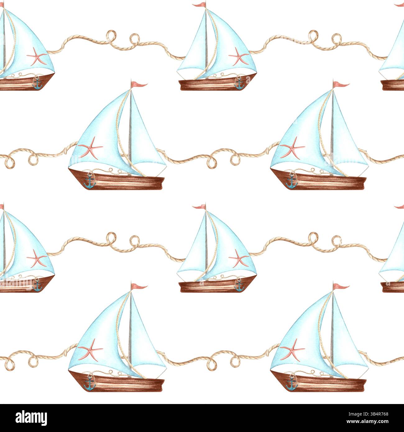 Sailboat with starfish and ropes. Watercolor seamless pattern of yacht ...